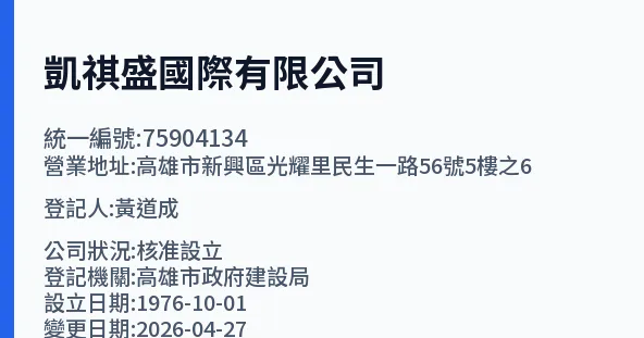 凱祺盛國際有限公司的照片-統編 75904134(高雄市) 公司登記資料與營業項目詳細圖表