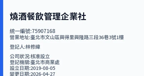 燒酒餐飲管理企業社的照片-統編 75907168(臺北市) 公司登記資料與營業項目詳細圖表