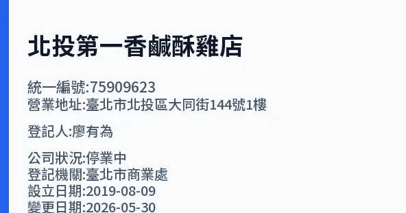 北投第一香鹹酥雞店的照片-統編 75909623(臺北市) 公司登記資料與營業項目詳細圖表