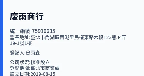 慶雨商行的照片-統編 75910635(臺北市) 公司登記資料與營業項目詳細圖表