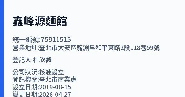 鑫峰源麵館的照片-統編 75911515(臺北市) 公司登記資料與營業項目詳細圖表