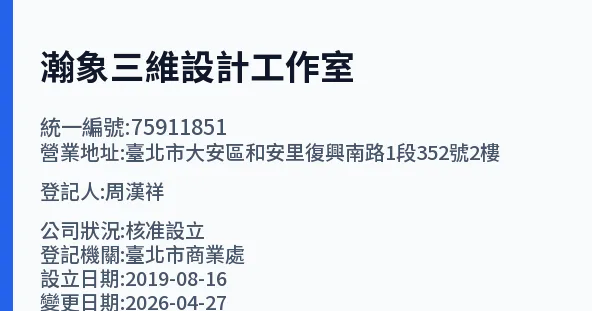 瀚象三維設計工作室的照片-統編 75911851(臺北市) 公司登記資料與營業項目詳細圖表