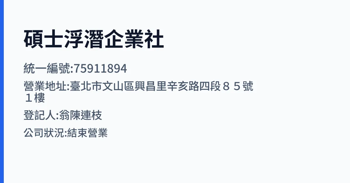 碩士浮潛企業社 - 統編 75911894(臺北市) 公司登記資料與營業項目詳細圖表