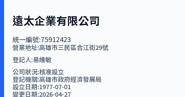 遠太企業有限公司的照片-統編 75912423(高雄市) 公司登記資料與營業項目詳細圖表