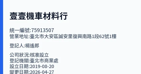 壹壹機車材料行的照片-統編 75913507(臺北市) 公司登記資料與營業項目詳細圖表