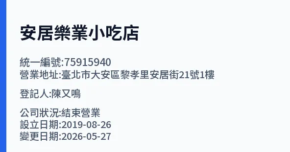 安居樂業小吃店的照片-統編 75915940(臺北市) 公司登記資料與營業項目詳細圖表
