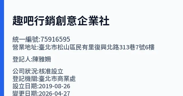 趣吧行銷創意企業社的照片-統編 75916595(臺北市) 公司登記資料與營業項目詳細圖表