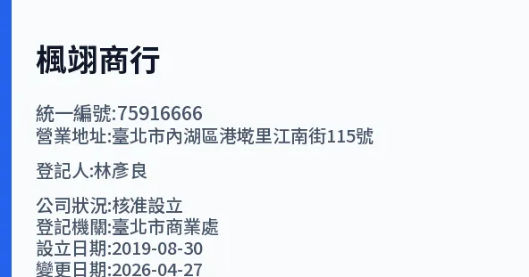 楓翊商行的照片-統編 75916666(臺北市) 公司登記資料與營業項目詳細圖表