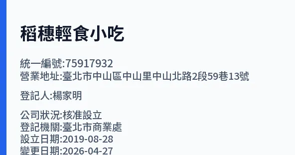 稻穗輕食小吃的照片-統編 75917932(臺北市) 公司登記資料與營業項目詳細圖表