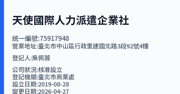 天使國際人力派遣企業社的照片-統編 75917948(臺北市) 公司登記資料與營業項目詳細圖表