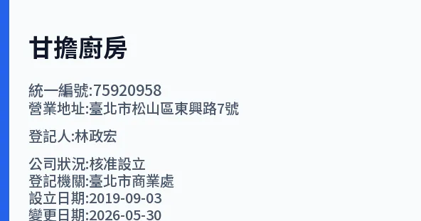甘擔廚房的照片-統編 75920958(臺北市) 公司登記資料與營業項目詳細圖表