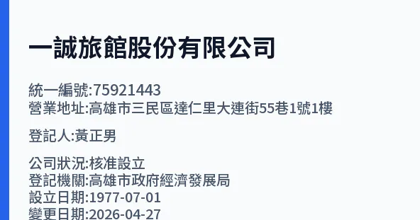 一誠旅館股份有限公司的照片-統編 75921443(高雄市) 公司登記資料與營業項目詳細圖表