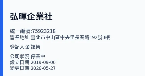 弘暉企業社的照片-統編 75923218(臺北市) 公司登記資料與營業項目詳細圖表