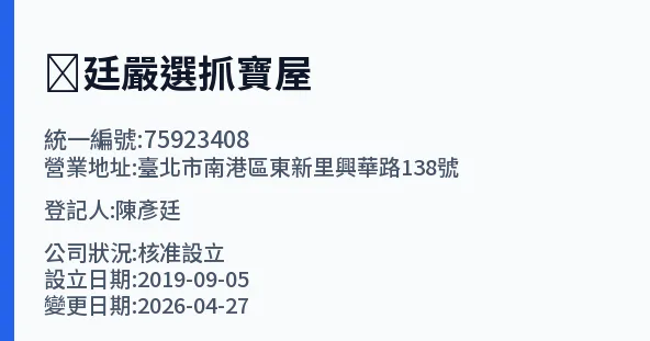 彦廷嚴選抓寶屋的照片-統編 75923408(臺北市) 公司登記資料與營業項目詳細圖表