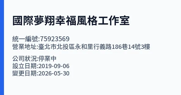 國際夢翔幸福風格工作室的照片-統編 75923569(臺北市) 公司登記資料與營業項目詳細圖表