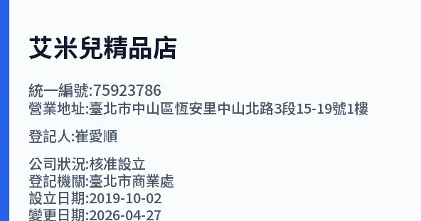 艾米兒精品店的照片-統編 75923786(臺北市) 公司登記資料與營業項目詳細圖表