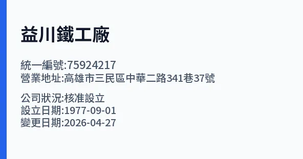 益川鐵工廠的照片-統編 75924217(高雄市) 公司登記資料與營業項目詳細圖表