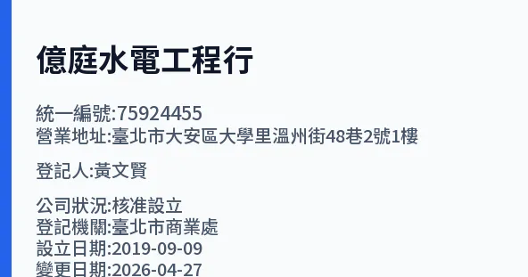 億庭水電工程行的照片-統編 75924455(臺北市) 公司登記資料與營業項目詳細圖表