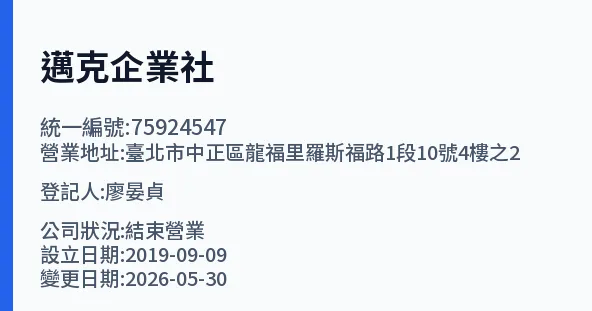 邁克企業社的照片-統編 75924547(臺北市) 公司登記資料與營業項目詳細圖表
