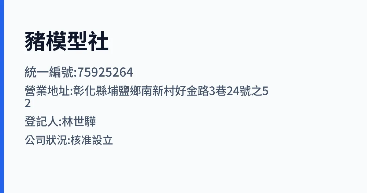 豬模型社 - 統編 75925264 (彰化縣) 公司登記資料與營業項目詳細圖表