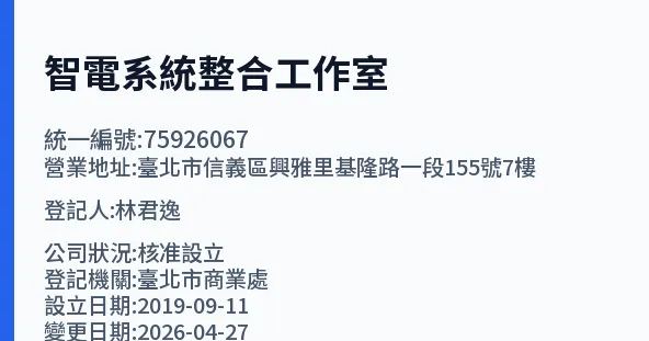 智電系統整合工作室的照片-統編 75926067(臺北市) 公司登記資料與營業項目詳細圖表