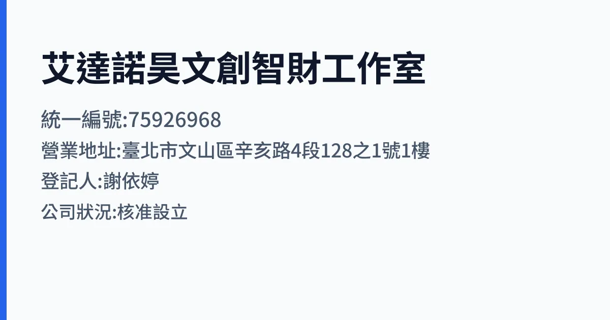 艾達諾昊文創智財工作室 - 統編 75926968(臺北市) 公司登記資料與營業項目詳細圖表