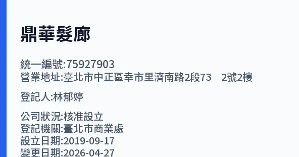 鼎華髮廊的照片-統編 75927903(臺北市) 公司登記資料與營業項目詳細圖表