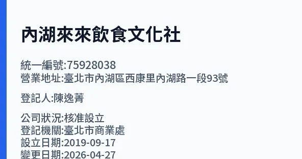 內湖來來飲食文化社的照片-統編 75928038(臺北市) 公司登記資料與營業項目詳細圖表