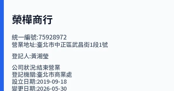 榮樺商行的照片-統編 75928972(臺北市) 公司登記資料與營業項目詳細圖表