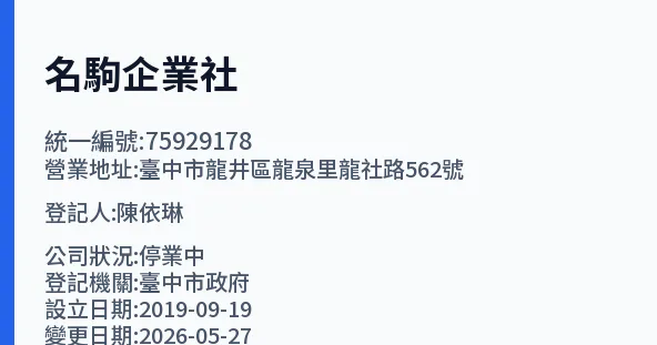 名駒企業社的照片-統編 75929178(臺中市) 公司登記資料與營業項目詳細圖表
