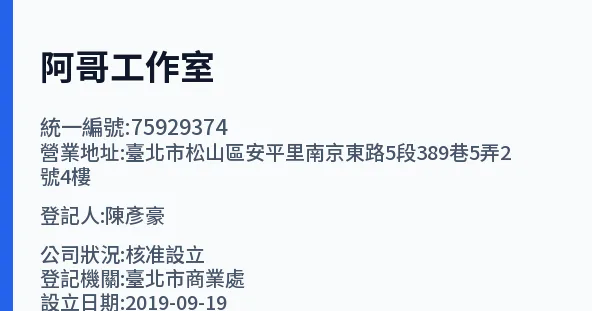 阿哥工作室的照片-統編 75929374(臺北市) 公司登記資料與營業項目詳細圖表
