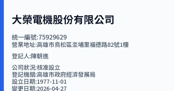 大榮電機股份有限公司的照片-統編 75929629(高雄市) 公司登記資料與營業項目詳細圖表
