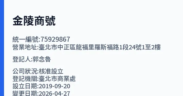 金陵商號的照片-統編 75929867(臺北市) 公司登記資料與營業項目詳細圖表