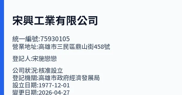 宋興工業有限公司的照片-統編 75930105(高雄市) 公司登記資料與營業項目詳細圖表