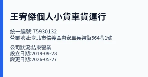 王宥傑個人小貨車貨運行的照片-統編 75930132(臺北市) 公司登記資料與營業項目詳細圖表