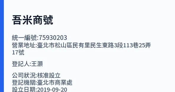 吾米商號的照片-統編 75930203(臺北市) 公司登記資料與營業項目詳細圖表