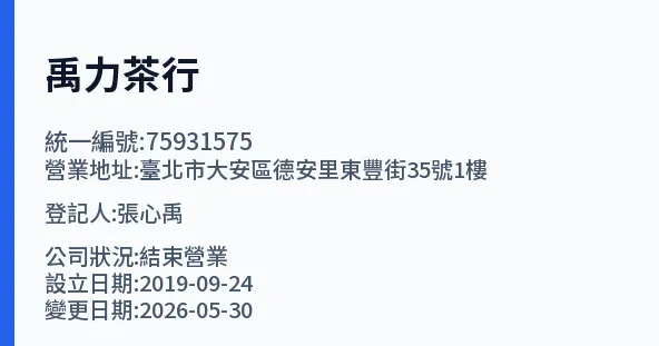 禹力茶行的照片-統編 75931575(臺北市) 公司登記資料與營業項目詳細圖表