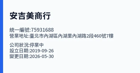 安吉美商行的照片-統編 75931688(臺北市) 公司登記資料與營業項目詳細圖表