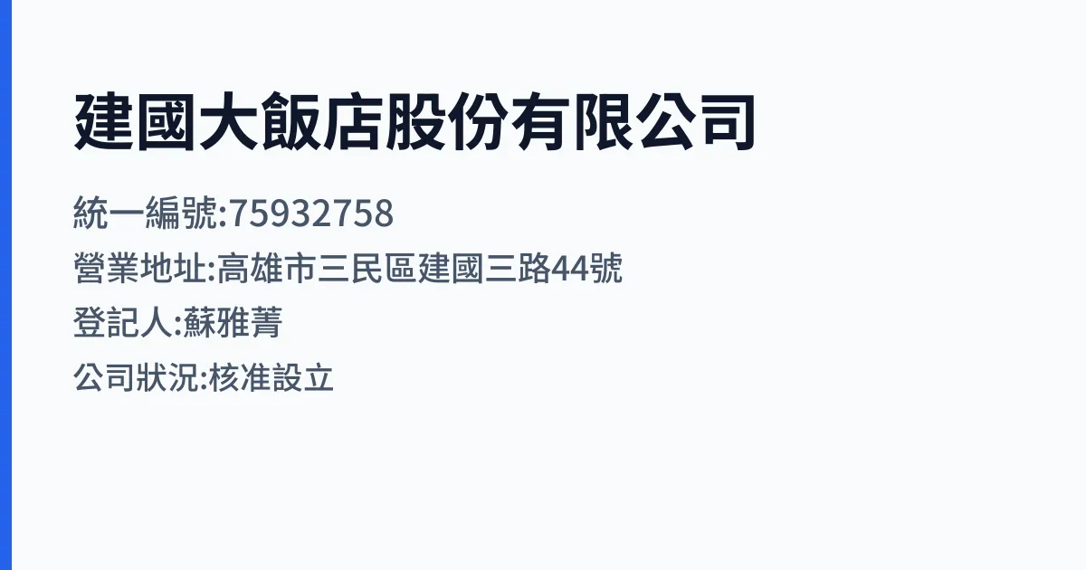 建國大飯店股份有限公司 - 統編 75932758(高雄市) 公司登記資料與營業項目詳細圖表