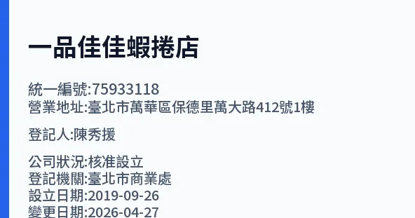 一品佳佳蝦捲店的照片-統編 75933118(臺北市) 公司登記資料與營業項目詳細圖表