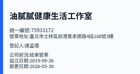 油膩膩健康生活工作室的照片-統編 75933172(臺北市) 公司登記資料與營業項目詳細圖表