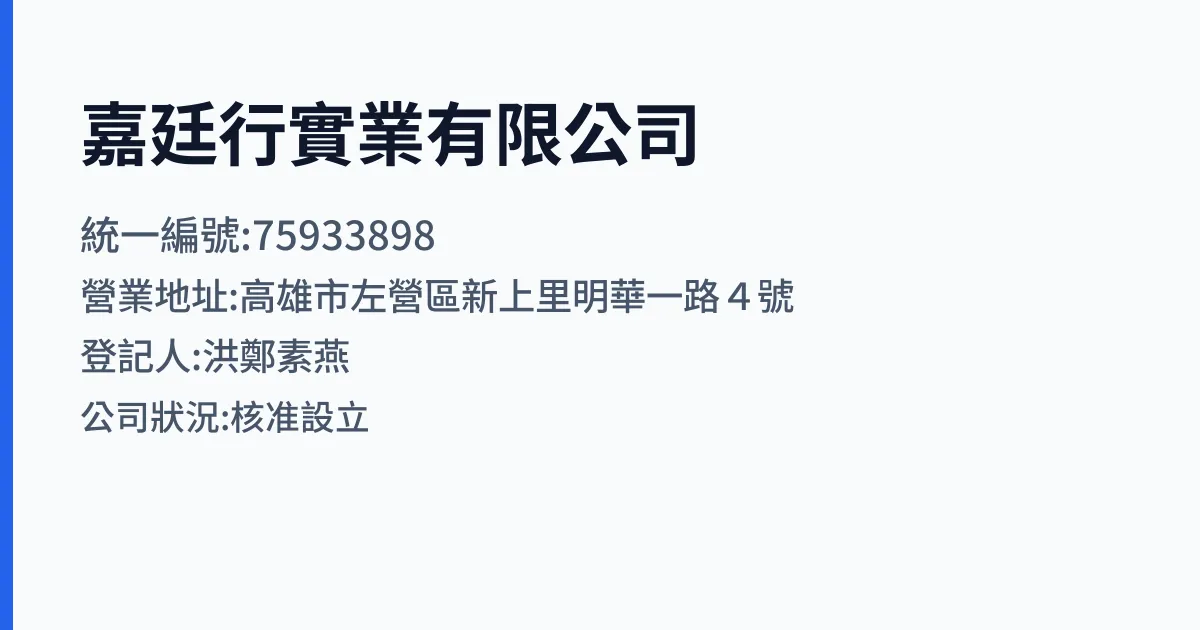 嘉廷行實業有限公司 - 統編 75933898(高雄市) 公司登記資料與營業項目詳細圖表