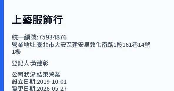 上藝服飾行的照片-統編 75934876(臺北市) 公司登記資料與營業項目詳細圖表