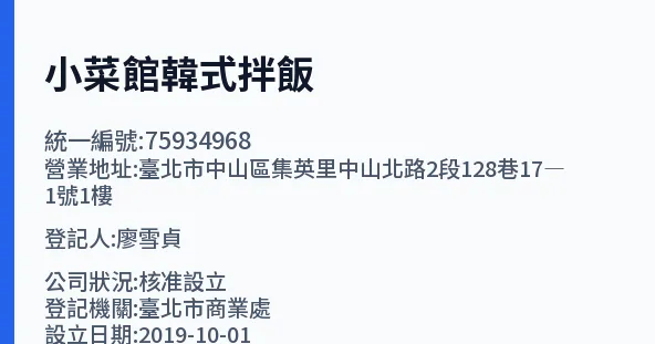 小菜館韓式拌飯的照片-統編 75934968(臺北市) 公司登記資料與營業項目詳細圖表