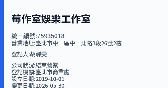 莓作室娛樂工作室的照片-統編 75935018(臺北市) 公司登記資料與營業項目詳細圖表