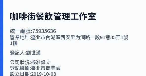 咖啡街餐飲管理工作室的照片-統編 75935636(臺北市) 公司登記資料與營業項目詳細圖表