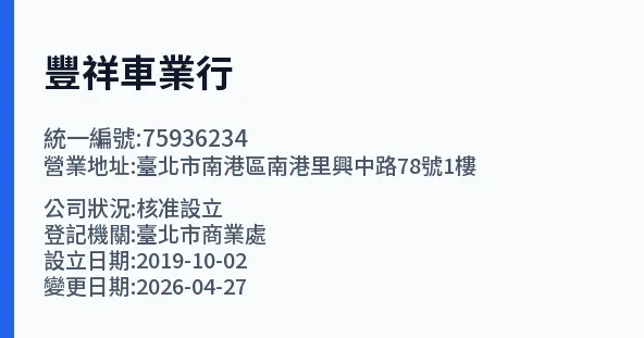 豐祥車業行的照片-統編 75936234(臺北市) 公司登記資料與營業項目詳細圖表