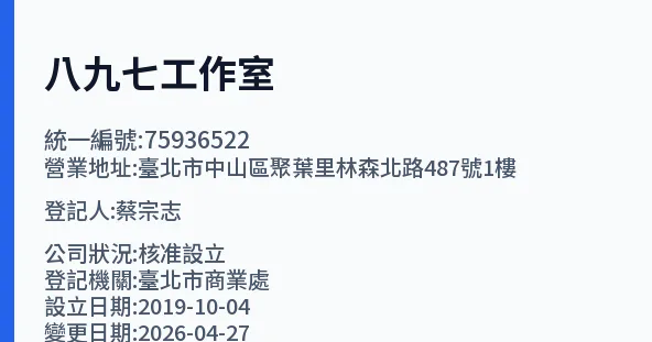 八九七工作室的照片-統編 75936522(臺北市) 公司登記資料與營業項目詳細圖表