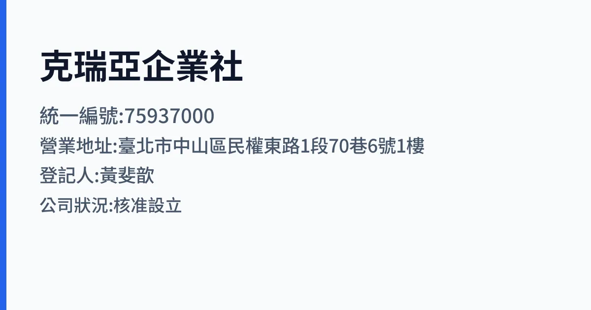 克瑞亞企業社 - 統編 75937000（臺北市） 公司登記資料與營業項目詳細圖表
