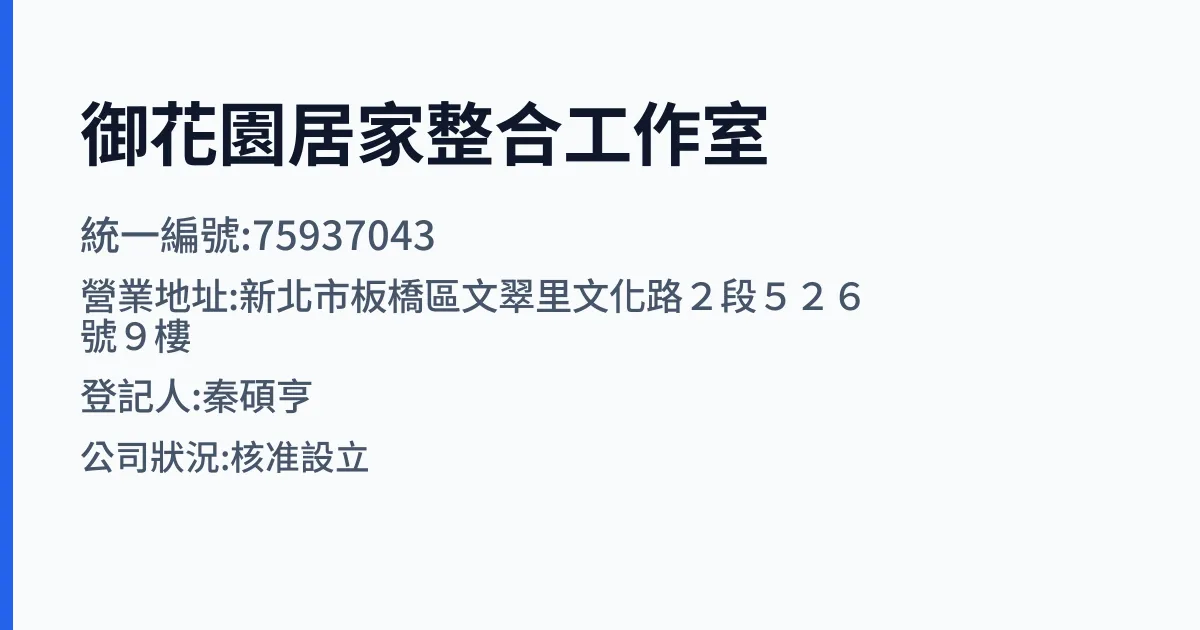 御花園居家整合工作室 - 統編 75937043(新北市) 公司登記資料與營業項目詳細圖表